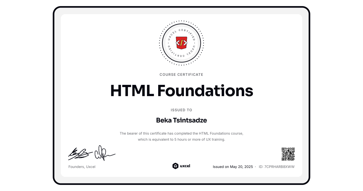 Certificate of completion for HTML Foundations | Uxcel
